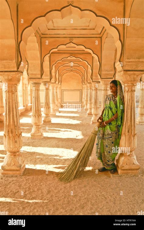 Worker With Broom In Hall Of Public Audience At Amer Amber Fort