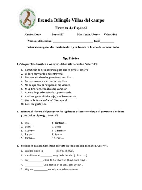 Examen De 6 Grado Pdf