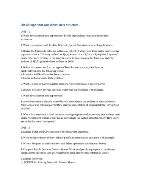 Complete Data Structure Important Questions Pdf Algorithms And Data Structures Theoretical