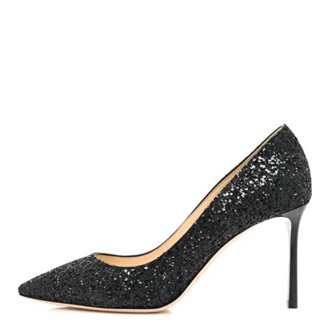 Jimmy Choo Coarse Glitter Pointy Toe Romy 85 Pumps 37 Black 1268680