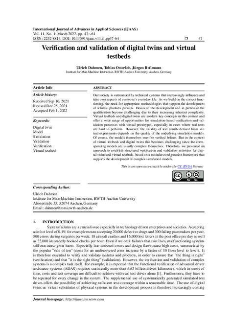 Pdf Veriﬁcation And Validation Of Digital Twins And Virtual Testbeds