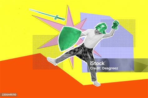 3d 콜라주 디자인 합성물 트렌드 삽화 영웅의 스케치 기사 정복자 고대 포도 수확 의류 젊은이 공격 검 덮개 방패 검에 대한 스톡 사진 및 기타 이미지 Istock