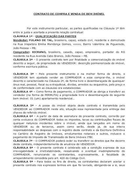 Modelo De Contrato De Compra E Venda De Bem Imóvel Pdf Direito