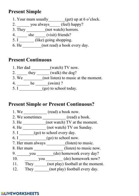Present Simple And Continuous Exercises Elementary Continuou