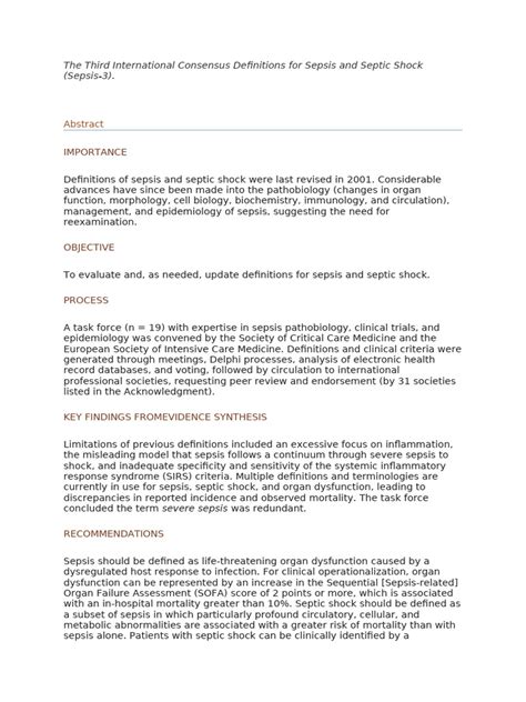 The Third International Consensus Definitions For Sepsis And Septic