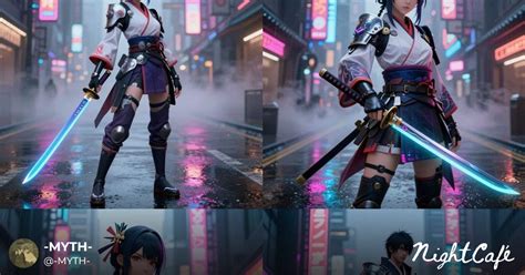 Cyberpunk Samurai Girl With Neon Katana In Rainy C Ai Art