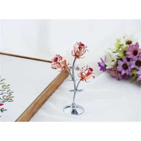 Rose Gold And Chrome Plated Rose Flower Tabletop Ornament W Red And Pink