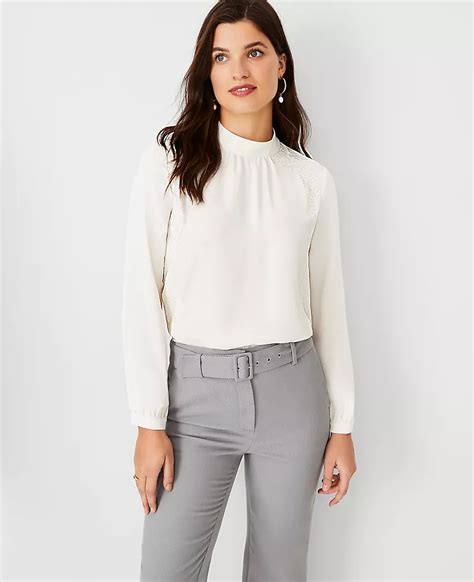 Lace Trim Mock Neck Blouse