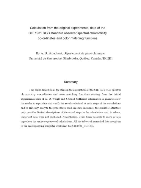 Calculation From The Original Experimental Data Of The Cie 1931 Rgb