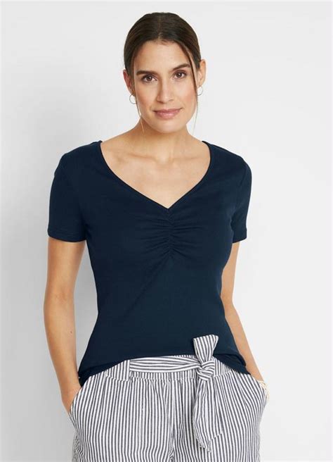Blusa Decote V Manga Curta Azul Marinho Bonprix