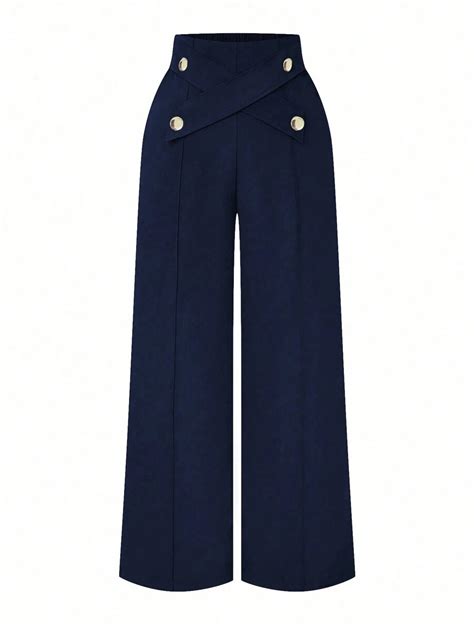 Shein Curve Plus Size Women Navy Blue Straight Leg Pants With Criss