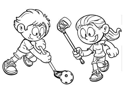 Målarbild Pojke Och Flicka Spelar Innebandy Skiv Ut Gratis På