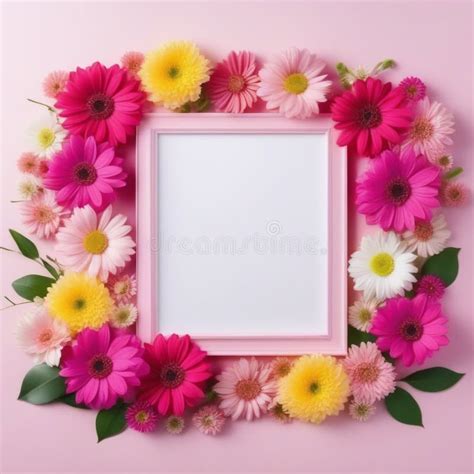 Happy Top View Frame And Fiowers Arrangement On Blank Paper Stock Image Image Of Space