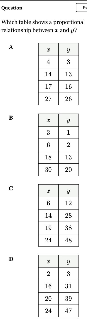 Solved Question Ex Which Table Shows A Proportional Relationship Between X And Y A B C D [math]