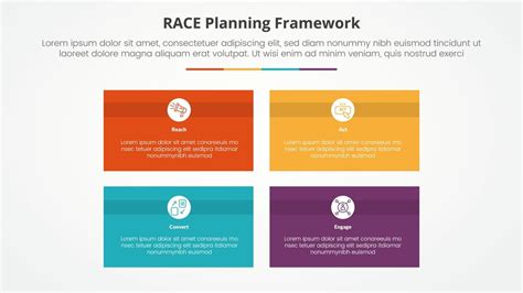 Race 프레임워크 인포그래픽은 슬라이드 프레젠테이션을 위해 직사각형 상자 매트릭스 구조와 평평한 스타일의 4 점 목록을