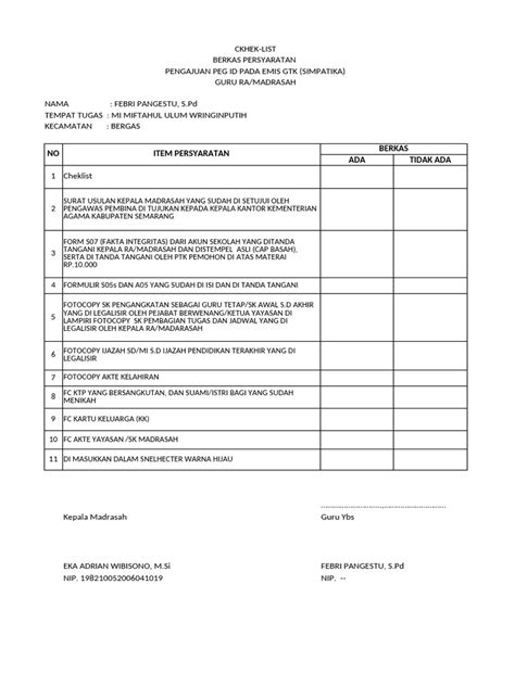 Persyaratan Pengajuan Peg Id Emis Gtk Pdf