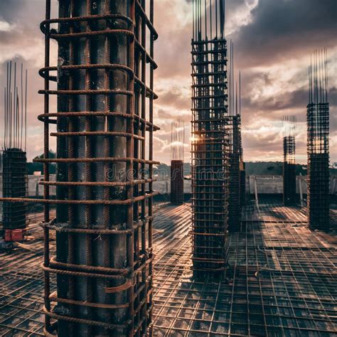 Detail Of Construction Works In Building Site With Reinforcement Stock