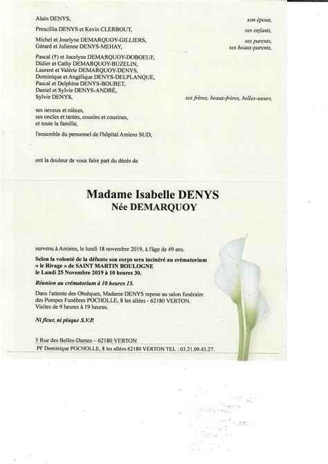 Avis De Décès Isabelle Denys Née Demarquoy