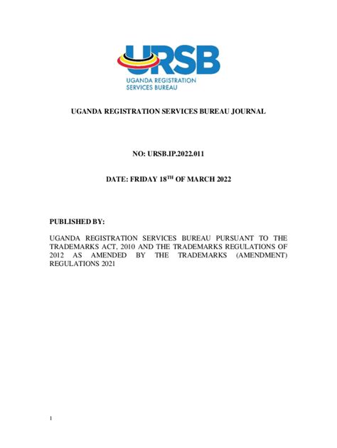 Fillable Online Ursb Go Uganda Registration Services Bureau Journal Fax Email Print Pdffiller
