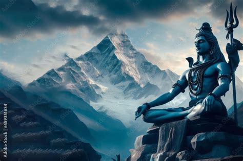Hindu God Shiva Meditating On Mount Kailasa In The Himalayas Stock