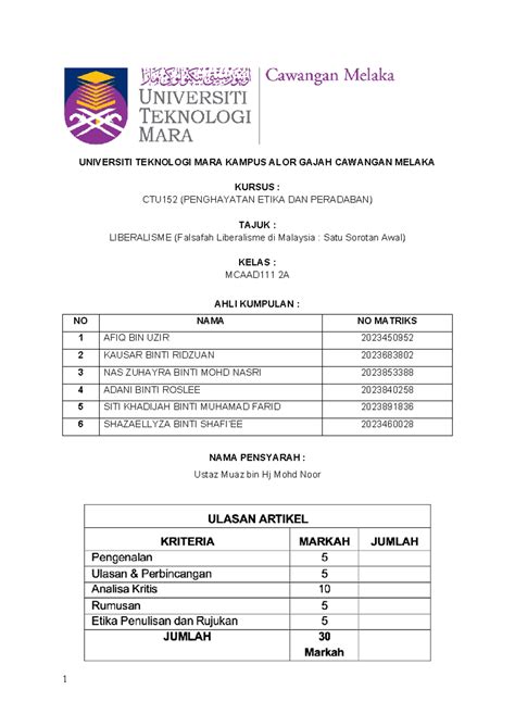 Assignment Ctu152 Universiti Teknologi Mara Kampus Alor Gajah