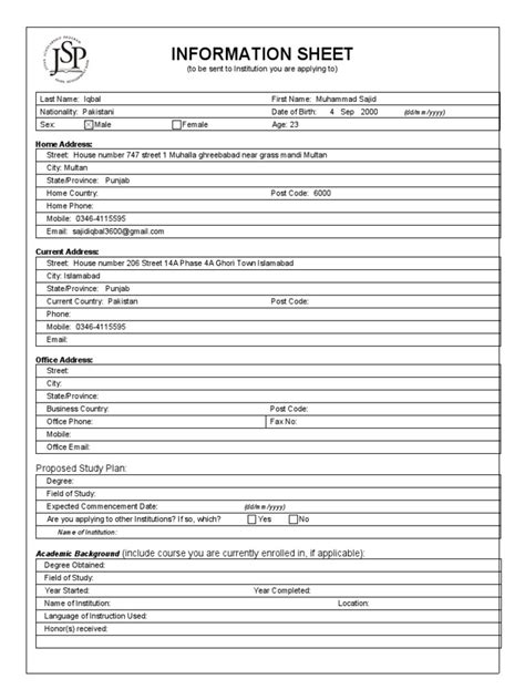 Jsp Information Sheet Pdf Employment