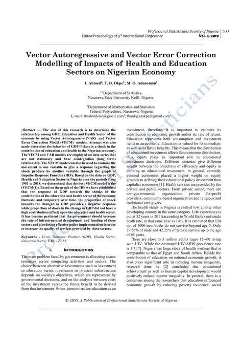 Pdf Vector Autoregressive And Vector Error Correction Modelling Of Impacts Of Health And
