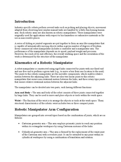 Introduction To Robotic Manipulators Kinematics Pdf Cartesian