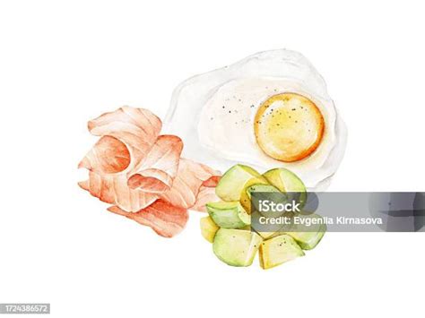 하얀 고립된 배경에 계란 후라이 연어 조각 아보카도를 곁들인다 디지털 수채화 손으로 그린 그림입니다 메뉴 요리 책 시장 개념에