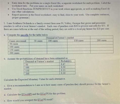 Solved Enter Data For The Problems In A Single Excel File A