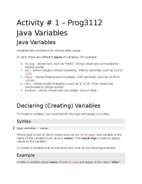 Java Variables Java Variable Basics Activity 1 Prog Java