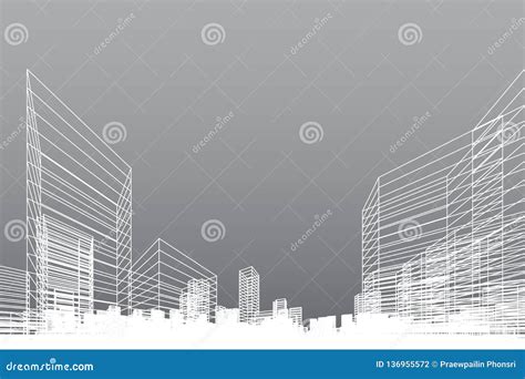 Abstract Wireframe City Background Perspective 3d Render Of Building Wireframe Stock Vector