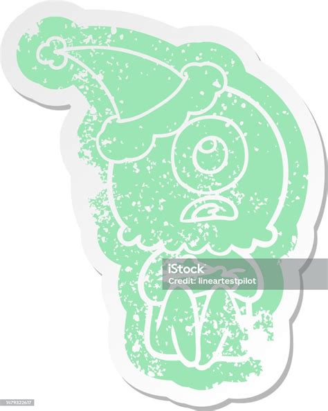 산타 모자를 쓴 사이클롭스 외계인 우주인의 기발한 만화 고민 스티커 귀여운에 대한 스톡 벡터 아트 및 기타 이미지 귀여운