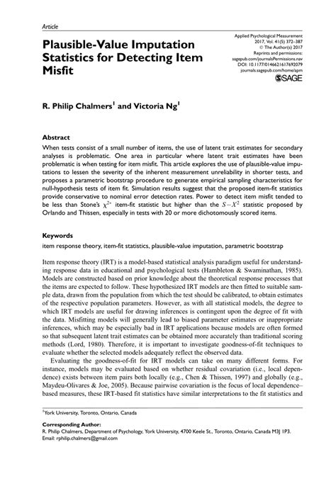 Pdf Plausible Value Imputation Statistics For Detecting Item Misfit