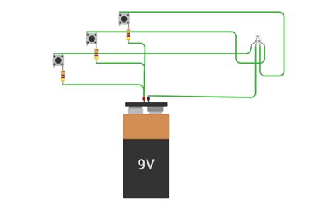 circuit design button led and 9v battery tinkercad