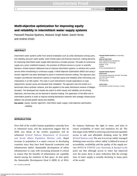 Pdf Multi Objective Optimization For Improving Equity And Reliability In Intermittent Water