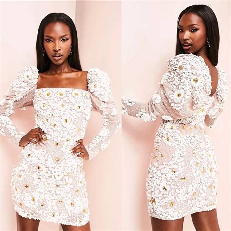 Asos Asos Luxe Puff Sleeve Flower Embellished Mini Dress White 4 Grailed