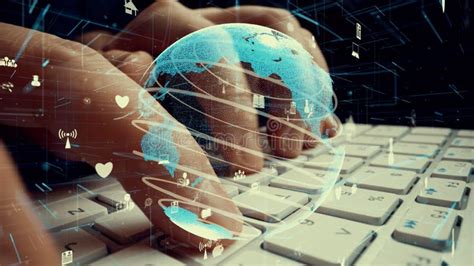 Man Working On Computer Keyboard With Graphic Of Internet Network