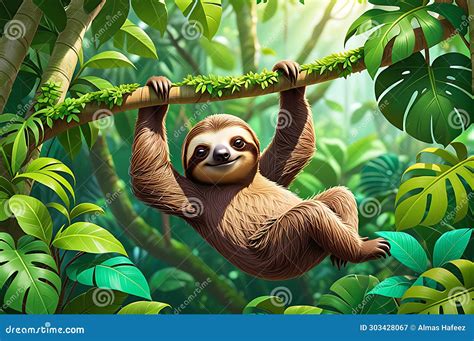 Cartoon Sloth Hanging Lazily From A Lush Green Tree Branch Vibrant