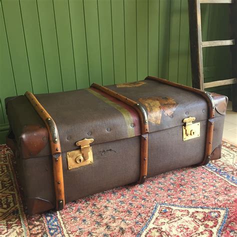 Vintage Steamer Trunk Coffee Table Old 1930s Bentwood School Trunk