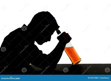 Alcoholic Drunk Man With Whiskey Bottle In Alcohol Addiction Silhouette