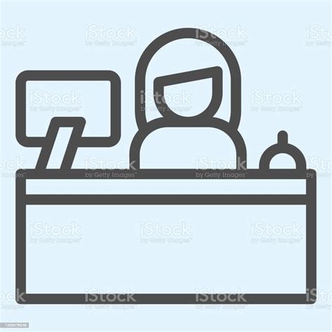리셉션 데스크 라인 아이콘입니다 여성 서기 및 모니터와 호텔 서비스 Horeca 벡터 디자인 개념 흰색 배경에 윤곽 스타일 그림
