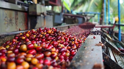 Coffee Beans On Conveyor Belt Premium Ai Generated Image