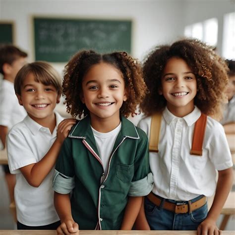 Group Of Elementary Students In Casual Clothes Standing In A Classroom Group Of Elementary Students In Casual Clothes Standing In A Classroom