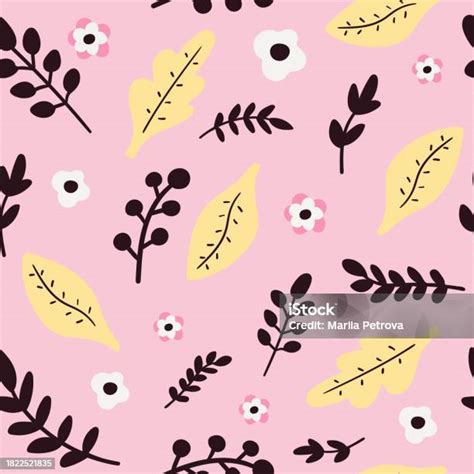 낙서 스타일의 식물 요소의 원활한 패턴입니다 분홍색 배경에 꽃과 잎을 낙서합니다 벡터 일러스트 레이 션 0명에 대한 스톡 벡터 아트 및 기타 이미지 Istock