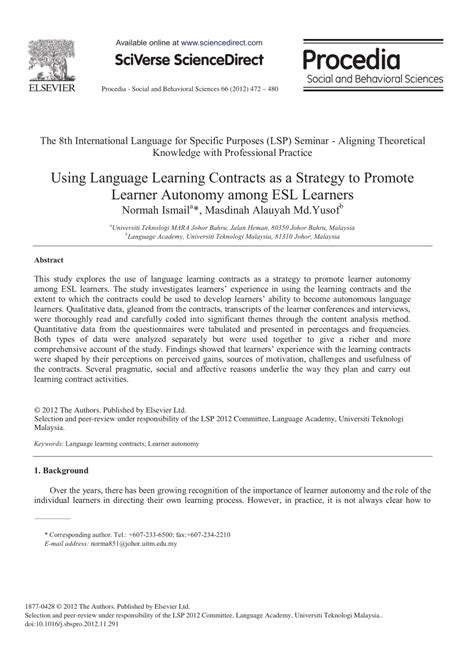 Pdf Using Language Learning Contracts As A Strategy To Promote Learner Autonomy Among Esl Learners