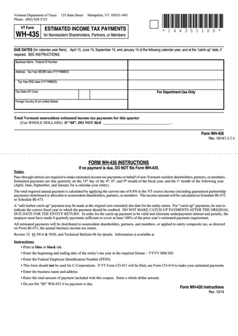 Vt Form Wh 435 Estimated Income Tax Payments For Nonresident