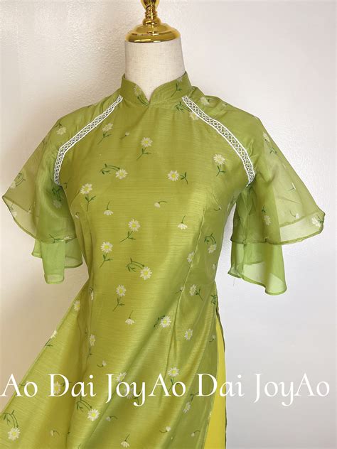 Lua To Double Layers Green Little Flowers Ao Dai Pants Included