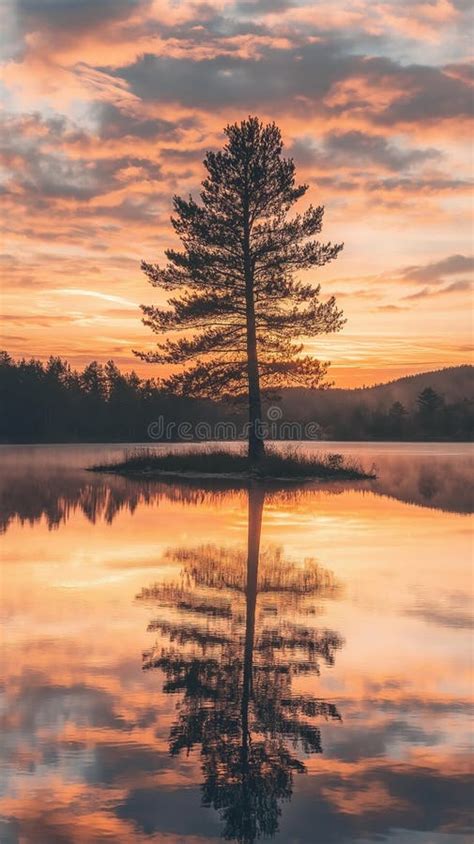 Lone Pine Tree Reflecting In A Lake At Golden Hour Stock Illustration