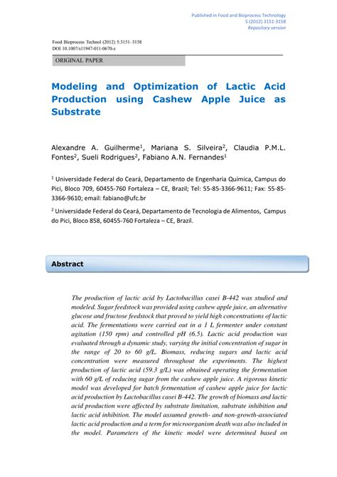 Pdf Modeling And Optimization Of Lactic Acid Production Using Cashew